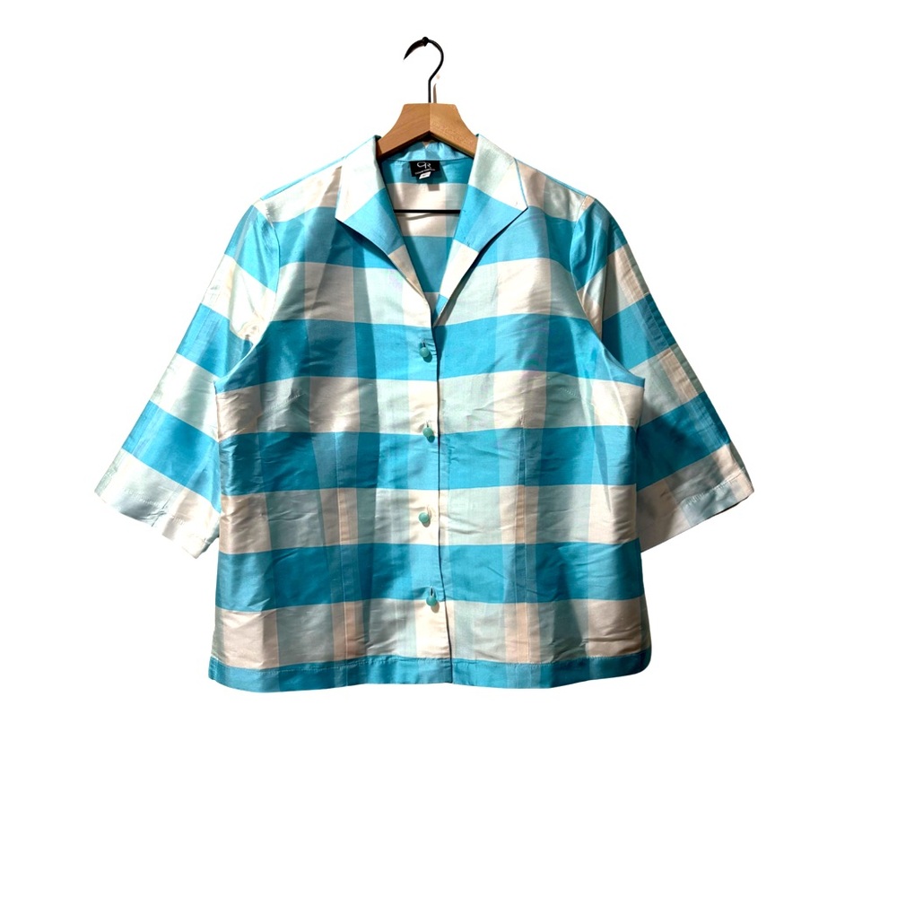 Connie Roberson Light Blue & White Check Silk Button-… - Gem